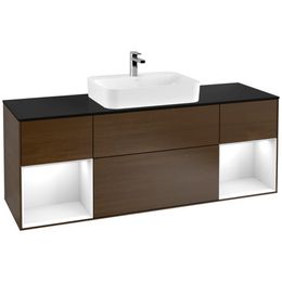 Villeroy & Boch Villeroy und Boch Finion Waschtischunterschrank F452GFGN 160x60,3cm, Abdeckplatte black matt, Regale Glossy white lacquer, Walnut veneer