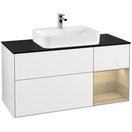 Villeroy & Boch Villeroy und Boch Finion Waschtischunterschrank F422PCGF 120cm, Abdeckplatte black matt, Regal rechts Oak Veneer, Glossy white lacquer