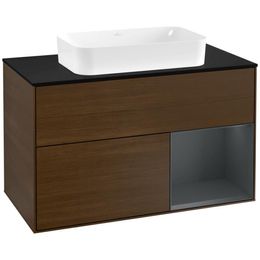 Villeroy & Boch Villeroy und Boch Finion Waschtischunterschrank F252HGGN 100x60,3cm, Abdeckplatte black matt, Regal rechts Midnight Blue Matt Lacquer, Walnut veneer