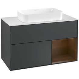 Villeroy & Boch Villeroy und Boch Finion Waschtischunterschrank G251GNHG 100cm, Abdeckplatte white matt, Emotion, Regal rechts Walnut veneer, Midnight Blue Matt Lacquer