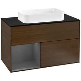 Villeroy & Boch Villeroy und Boch Finion Waschtischunterschrank G242GKGN 100cm, Abdeckplatte black matt, Emotion, Regal links Anthracite matt, Walnut veneer