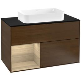 Villeroy & Boch Villeroy und Boch Finion Waschtischunterschrank G242PCGN 100cm, Abdeckplatte black matt, Emotion, Regal links Oak Veneer, Walnut veneer