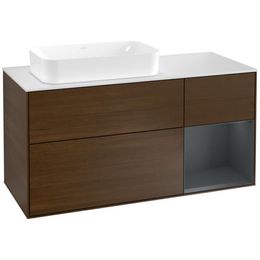 Villeroy & Boch Villeroy und Boch Finion Waschtischunterschrank G281HGGN 120cm, Abdeckplatte white matt, Emotion, Regal rechts Midnight Blue Matt Lacquer, Walnut veneer