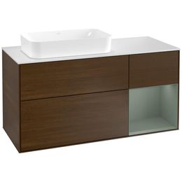 Villeroy & Boch Villeroy und Boch Finion Waschtischunterschrank G281GMGN 120cm, Abdeckplatte white matt, Emotion, Regal rechts Olive Matt Lacquer, Walnut veneer