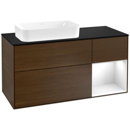 Villeroy & Boch Villeroy und Boch Finion Waschtischunterschrank F282GFGN 120cm, Abdeckplatte black matt, Regal rechts Glossy white lacquer, Walnut veneer