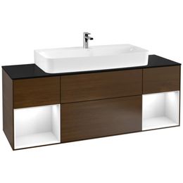 Villeroy & Boch Villeroy und Boch Finion Waschtischunterschrank G212GFGN 160cm, Abdeckplatte black matt, Emotion, Regale Glossy white lacquer, Walnut veneer