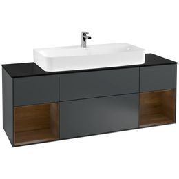 Villeroy & Boch Villeroy und Boch Finion Waschtischunterschrank F212GNHG 160cm, Abdeckplatte black matt, Regale Walnut veneer, Midnight Blue Matt Lacquer