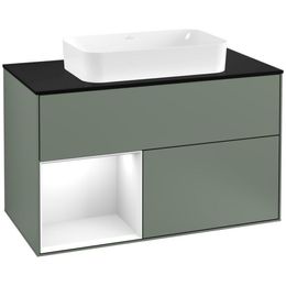 Villeroy & Boch Villeroy und Boch Finion Waschtischunterschrank F242GFGM 100x60,3cm, Abdeckplatte black matt, Regal links Glossy white lacquer, Olive Matt Lacquer