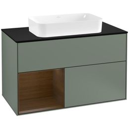 Villeroy & Boch Villeroy und Boch Finion Waschtischunterschrank F242GNGM 100x60,3cm, Abdeckplatte black matt, Regal links Walnut veneer, Olive Matt Lacquer