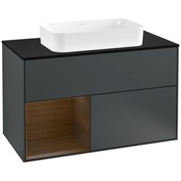Villeroy & Boch Villeroy und Boch Finion Waschtischunterschrank F242GNHG 100x60,3cm, Abdeckplatte black matt, Regal links Walnut veneer, Midnight Blue Matt Lacquer