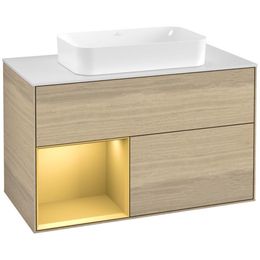 Villeroy & Boch Villeroy und Boch Finion Waschtischunterschrank F241HFPC 100x60,3cm, Abdeckplatte white matt, Regal links Gold matt, Oak Veneer