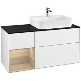 Villeroy & Boch Villeroy und Boch Finion Waschtischunterschrank F142PCGF 120cm, Abdeckplatte Glass Black Matt, Regal links Oak Veneer, Glossy white lacquer