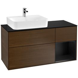 Villeroy & Boch Villeroy und Boch Finion Waschtischunterschrank G152PDGN 120cm, Abdeckplatte black matt, Emotion, Regal links Black matt lacquer, Walnut veneer