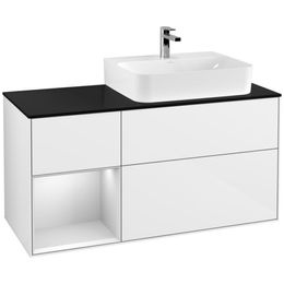 Villeroy & Boch Villeroy und Boch Finion Waschtischunterschrank G142MTGF 120cm, Abdeckplatte black matt, Emotion, Regal links White matt lacquer, Glossy white lacquer