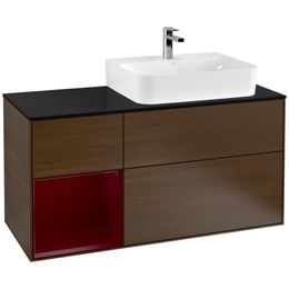 Villeroy & Boch Villeroy und Boch Finion Waschtischunterschrank G142HBGN 120cm, Abdeckplatte black matt, Emotion, Regal links Peony, Walnut veneer