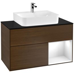 Villeroy & Boch Villeroy und Boch Finion Waschtischunterschrank G122GFGN 100cm, Abdeckplatte black matt, Emotion, Regal rechts Glossy white lacquer, Walnut veneer
