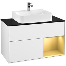 Villeroy & Boch Villeroy und Boch Finion Waschtischunterschrank G122HFGF 100cm, Abdeckplatte black matt, Emotion, Regal rechts Gold matt, Glossy white lacquer