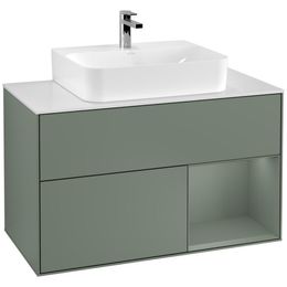 Villeroy & Boch Villeroy und Boch Finion Waschtischunterschrank F121GMGM 100cm, Abdeckplatte wei&szlig; matt, Regal rechts Olive Matt Lacquer, Olive Matt Lacquer