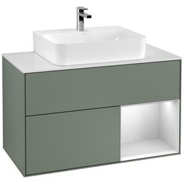 Villeroy & Boch Villeroy und Boch Finion Waschtischunterschrank F121MTGM 100cm, Abdeckplatte wei&szlig; matt, Regal rechts White matt lacquer, Olive Matt Lacquer