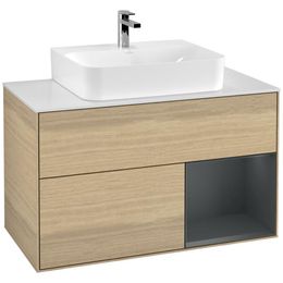 Villeroy & Boch Villeroy und Boch Finion Waschtischunterschrank F121HGPC 100cm, Abdeckplatte wei&szlig; matt, Regal rechts Midnight Blue Matt Lacquer, Oak Veneer