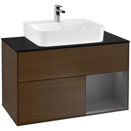 Villeroy & Boch Villeroy und Boch Finion Waschtischunterschrank F122GKGN 100cm, Abdeckplatte black matt, Regal rechts Anthracite matt, Walnut veneer
