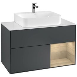 Villeroy & Boch Villeroy und Boch Finion Waschtischunterschrank F121PCHG 100cm, Abdeckplatte wei&szlig; matt, Regal rechts Oak Veneer, Midnight Blue Matt Lacquer