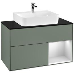 Villeroy & Boch Villeroy und Boch Finion Waschtischunterschrank F122MTGM 100cm, Abdeckplatte black matt, Regal rechts White matt lacquer, Olive Matt Lacquer
