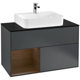Villeroy & Boch Villeroy und Boch Finion Waschtischunterschrank F112GNHG 100cm, Abdeckplatte white matt, Regal links Walnut veneer, Midnight Blue Matt Lacquer