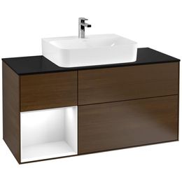Villeroy & Boch Villeroy und Boch Finion Waschtischunterschrank G162GFGN 120cm, Abdeckplatte black matt, Emotion, Regal links Glossy white lacquer, Walnut veneer
