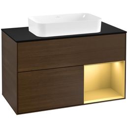 Villeroy & Boch Villeroy und Boch Finion Waschtischunterschrank F252HFGN 100x60,3cm, Abdeckplatte black matt, Regal rechts Gold matt, Walnut veneer