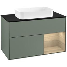 Villeroy & Boch Villeroy und Boch Finion Waschtischunterschrank F252PCGM 100x60,3cm, Abdeckplatte black matt, Regal rechts Oak Veneer, Olive Matt Lacquer