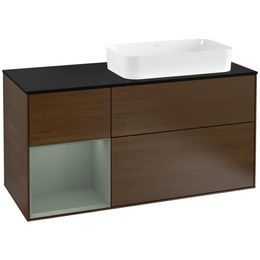 Villeroy & Boch Villeroy und Boch Finion Waschtischunterschrank F272GMGN 120cm, Abdeckplatte black matt, Regal links Olive Matt Lacquer, Walnut veneer