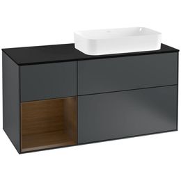 Villeroy & Boch Villeroy und Boch Finion Waschtischunterschrank F272GNHG 120cm, Abdeckplatte black matt, Regal links Walnut veneer, Midnight Blue Matt Lacquer