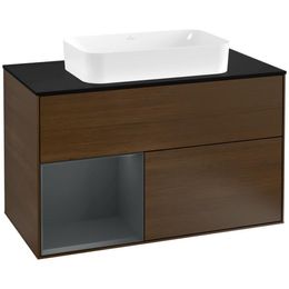 Villeroy & Boch Villeroy und Boch Finion Waschtischunterschrank G242HGGN 100cm, Abdeckplatte black matt, Emotion, Regal links Midnight Blue Matt Lacquer, Walnut veneer