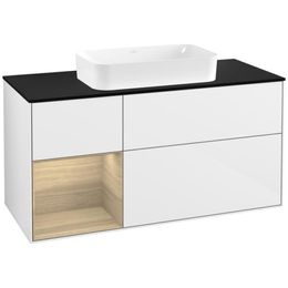 Villeroy & Boch Villeroy und Boch Finion Waschtischunterschrank F292PCGF 120cm, Abdeckplatte black matt, Regal links Oak Veneer, Glossy white lacquer