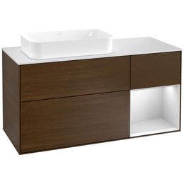 Villeroy & Boch Villeroy und Boch Finion Waschtischunterschrank G281MTGN 120cm, Abdeckplatte white matt, Emotion, Regal rechts White matt lacquer, Walnut veneer