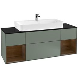 Villeroy & Boch Villeroy und Boch Finion Waschtischunterschrank F212GNGM 160cm, Abdeckplatte black matt, Regale Walnut veneer, Olive Matt Lacquer