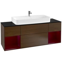 Villeroy & Boch Villeroy und Boch Finion Waschtischunterschrank F212HBGN 160cm, Abdeckplatte black matt, Regale Peony matt lacquer, Walnut veneer