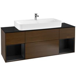 Villeroy & Boch Villeroy und Boch Finion Waschtischunterschrank F212PDGN 160cm, Abdeckplatte black matt, Regale Black matt lacquer, Walnut veneer