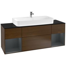 Villeroy & Boch Villeroy und Boch Finion Waschtischunterschrank F212HGGN 160cm, Abdeckplatte black matt, Regale Midnight matt lacquer, Walnut veneer