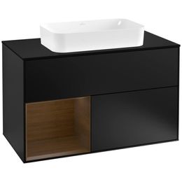 Villeroy & Boch Villeroy und Boch Finion Waschtischunterschrank F242GNPD 100x60,3cm, Abdeckplatte black matt, Regal links Walnut veneer, Black matt lacquer