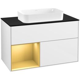 Villeroy & Boch Villeroy und Boch Finion Waschtischunterschrank F242HFGF 100x60,3cm, Abdeckplatte black matt, Regal links Gold matt, Glossy white lacquer