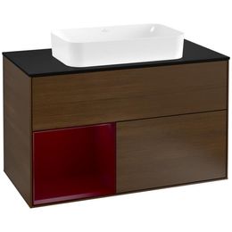 Villeroy & Boch Villeroy und Boch Finion Waschtischunterschrank F242HBGN 100x60,3cm, Abdeckplatte black matt, Regal links Peony, Walnut veneer