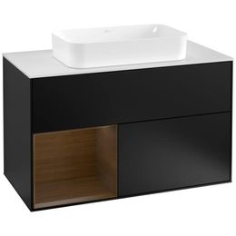 Villeroy & Boch Villeroy und Boch Finion Waschtischunterschrank G241GNPD 100cm, Abdeckplatte white matt, Emotion, Regal links Walnut veneer, Black matt lacquer
