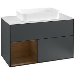Villeroy & Boch Villeroy und Boch Finion Waschtischunterschrank F241GNHG 100x60,3cm, Abdeckplatte white matt, Regal links Walnut veneer, Midnight Blue Matt Lacquer