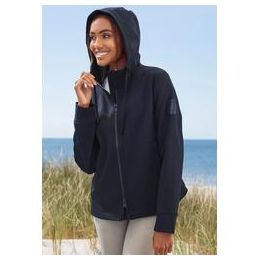 Softshelljacke ELBSAND, Damen, Gr. L/40, dunkelblau, Web, Obermaterial: 85% Polyester, 15% Elasthan. Futter: 100% Polyester, h&uuml;ftlang, Jacken Softshelljacke, mit verstellbarer Kapuze