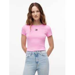 Kurzarmshirt Tommy Jeans "TJW SLIM BADGE RIB TEE", Damen, Gr. L (42/44), pink daisy, Single Jersey, Obermaterial: 95% Baumwolle, 5% Elasthan, unifarben, slim fit kurz, Rundhals, abgesteppt, Shirts, mit gerippter Struktur