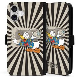 DeinDesign iPhone 16 Plus Handy Klapph&uuml;lle Handyh&uuml;lle aus Kunst Leder schwarz Flip Case Official Licensed Product Donald Duck Disney Sideflip mit Lasche