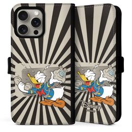 DeinDesign iPhone 16 Pro Handy Klapph&uuml;lle Handyh&uuml;lle aus Kunst Leder schwarz Flip Case Official Licensed Product Donald Duck Disney Sideflip mit Lasche