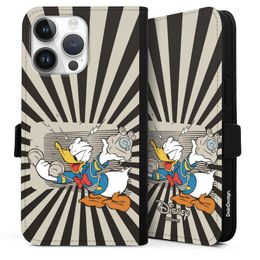 DeinDesign iPhone 14 Pro Max Handy Klapph&uuml;lle Handyh&uuml;lle aus Kunst Leder schwarz Flip Case Official Licensed Product Donald Duck Disney Sideflip mit Lasche